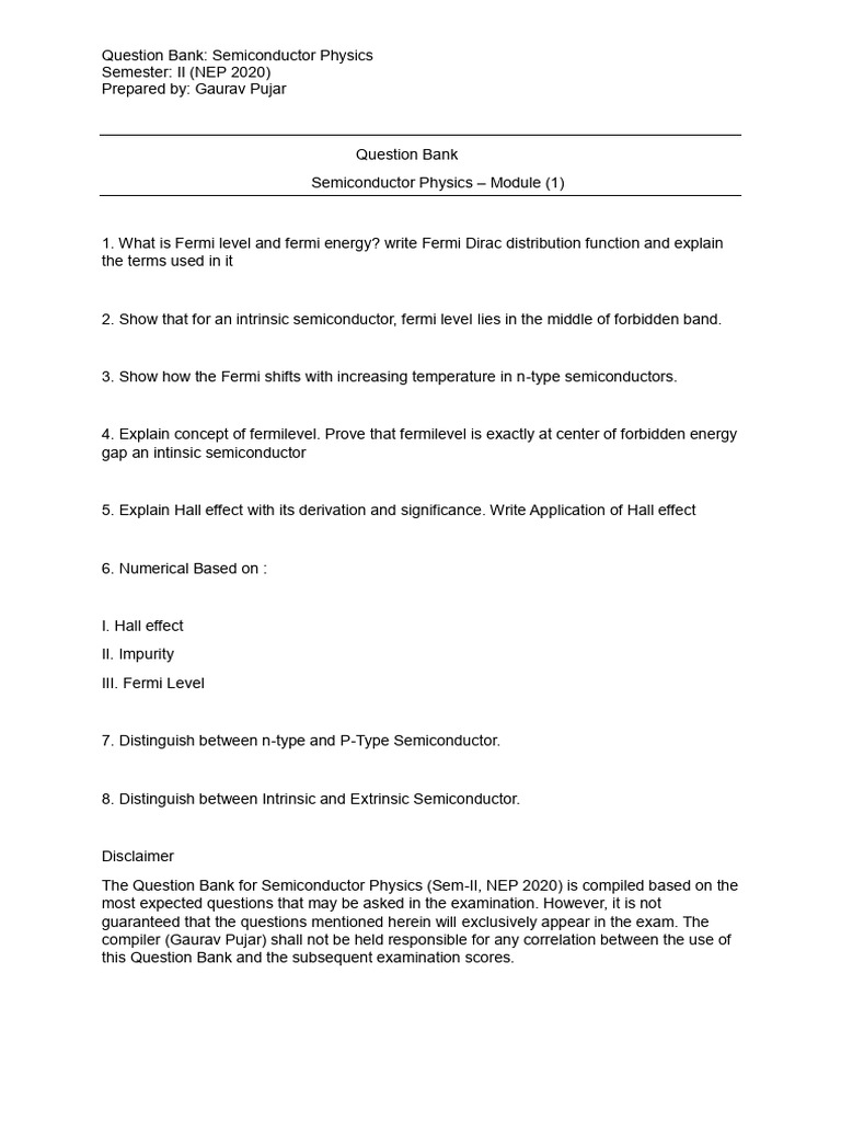Question Bank Semiconductor Physics - 1 | PDF