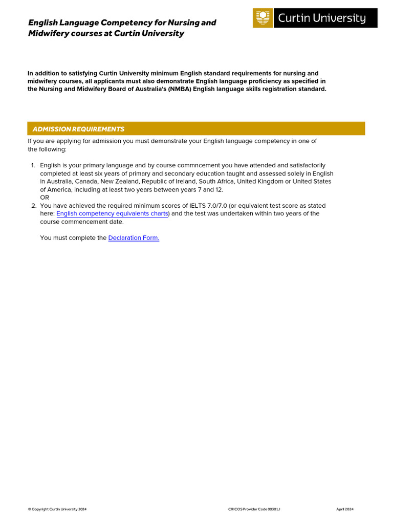 Curtin Nursing Midwifery English Guidelines | PDF