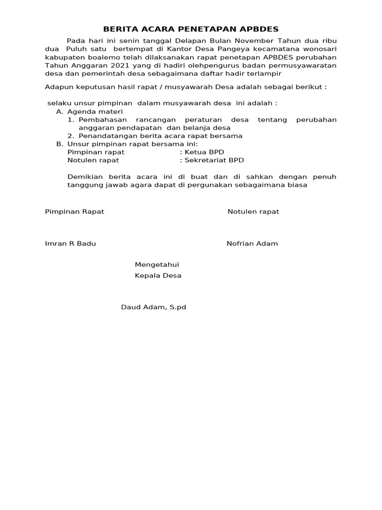 Berita Acara Penetapan APBDes Perubh 2020 | PDF