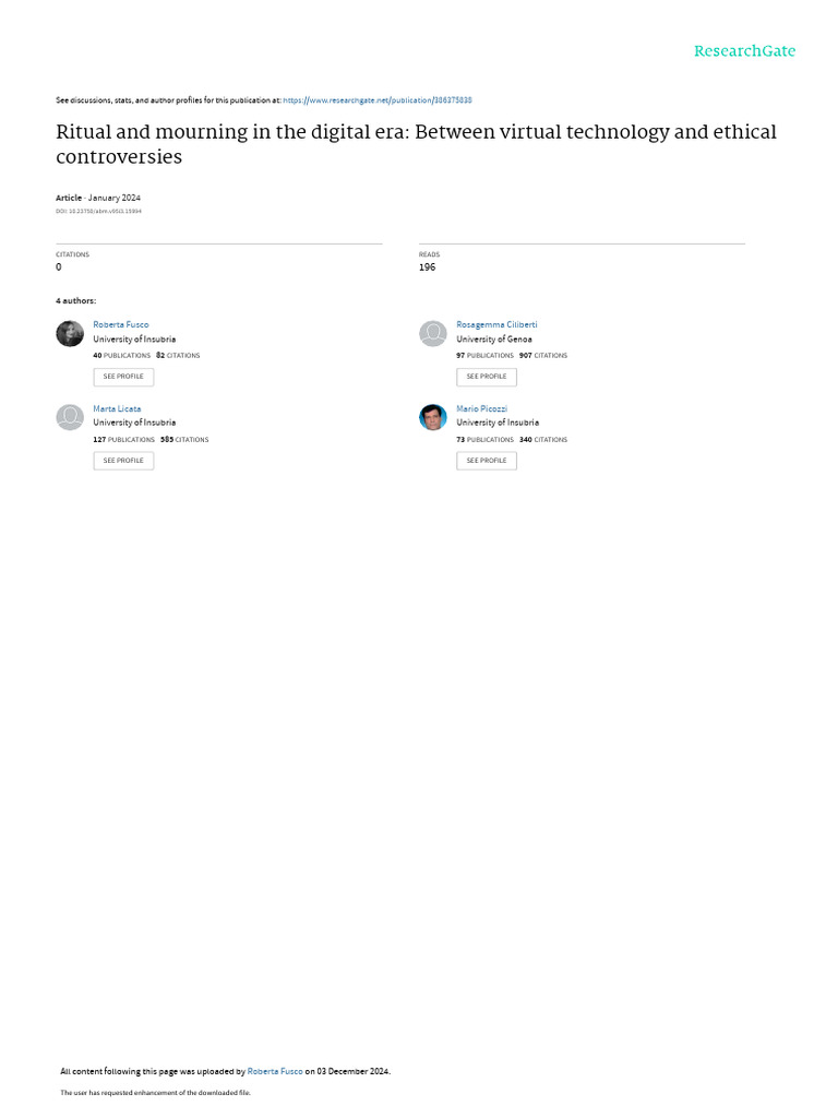 Ritual and Mourning in The Digital Era Between Virtual Technology and ...