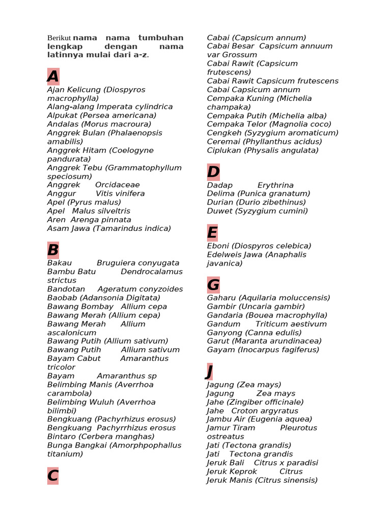 Daftar Nama Tumbuhan dan Hewan Latin | PDF