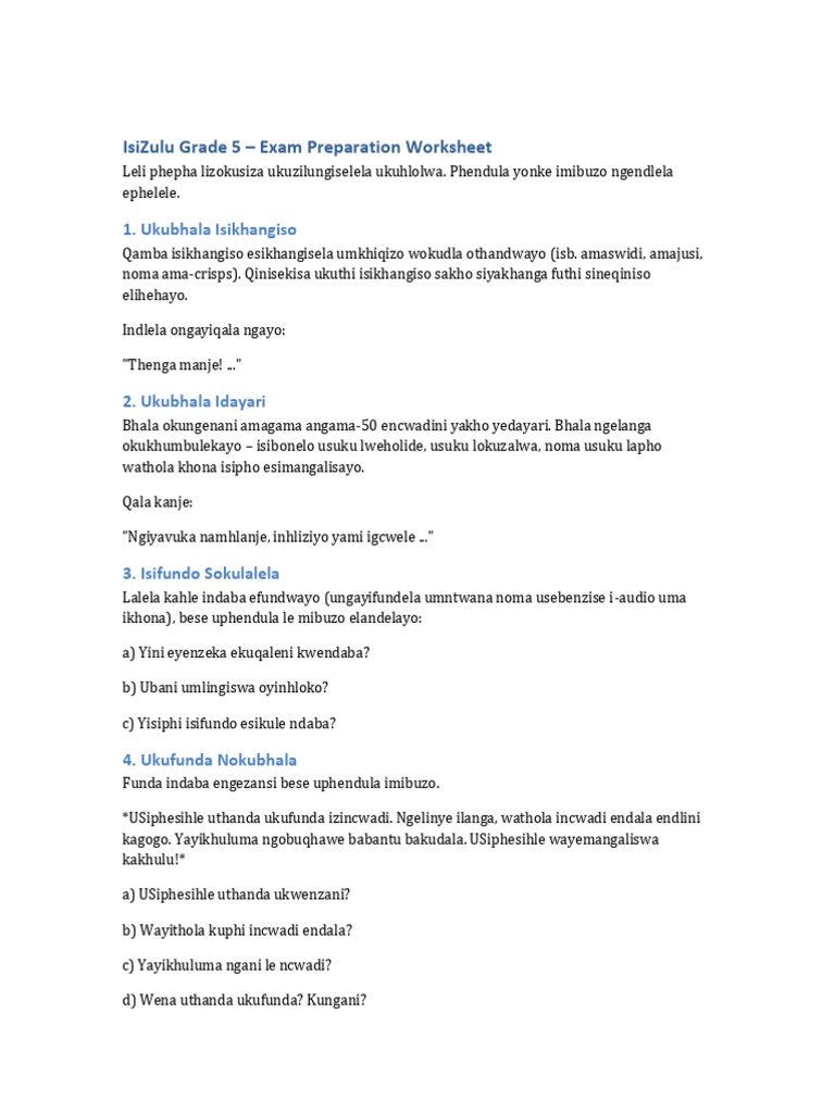 IsiZulu Grade5 Exam Prep Worksheet | PDF