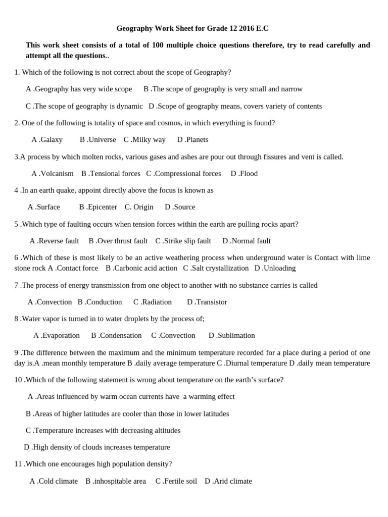 Geography Worksheet for Grade 12 | PDF | Rain | Mountains
