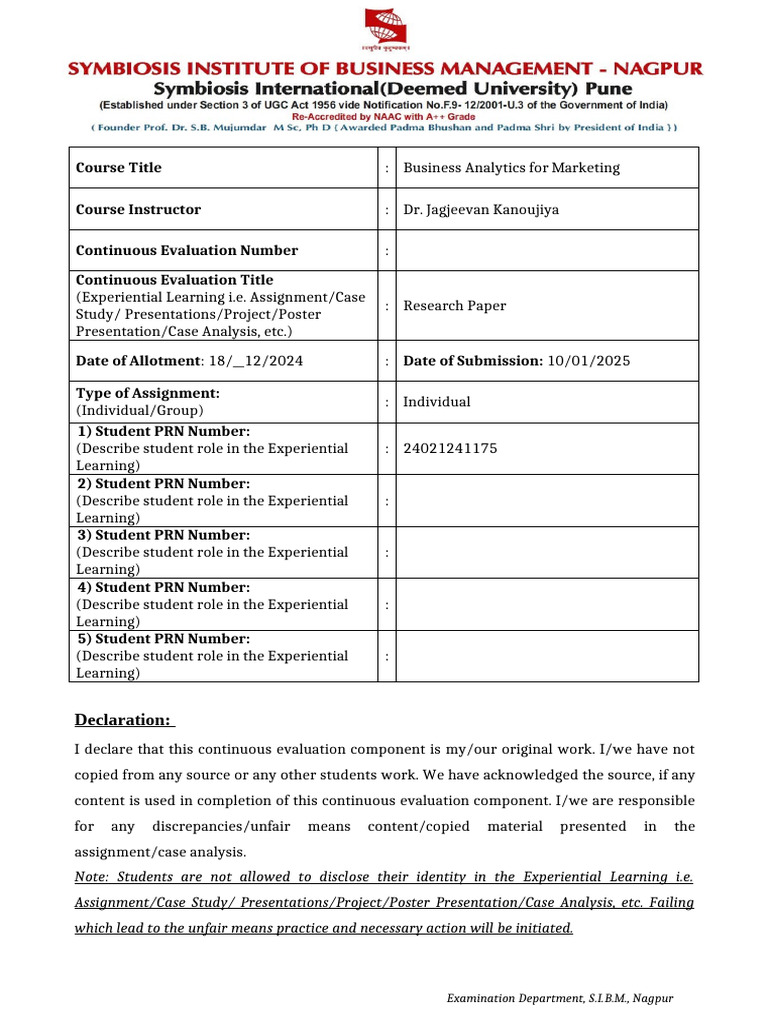 Continuous Evaluation Front Page | PDF