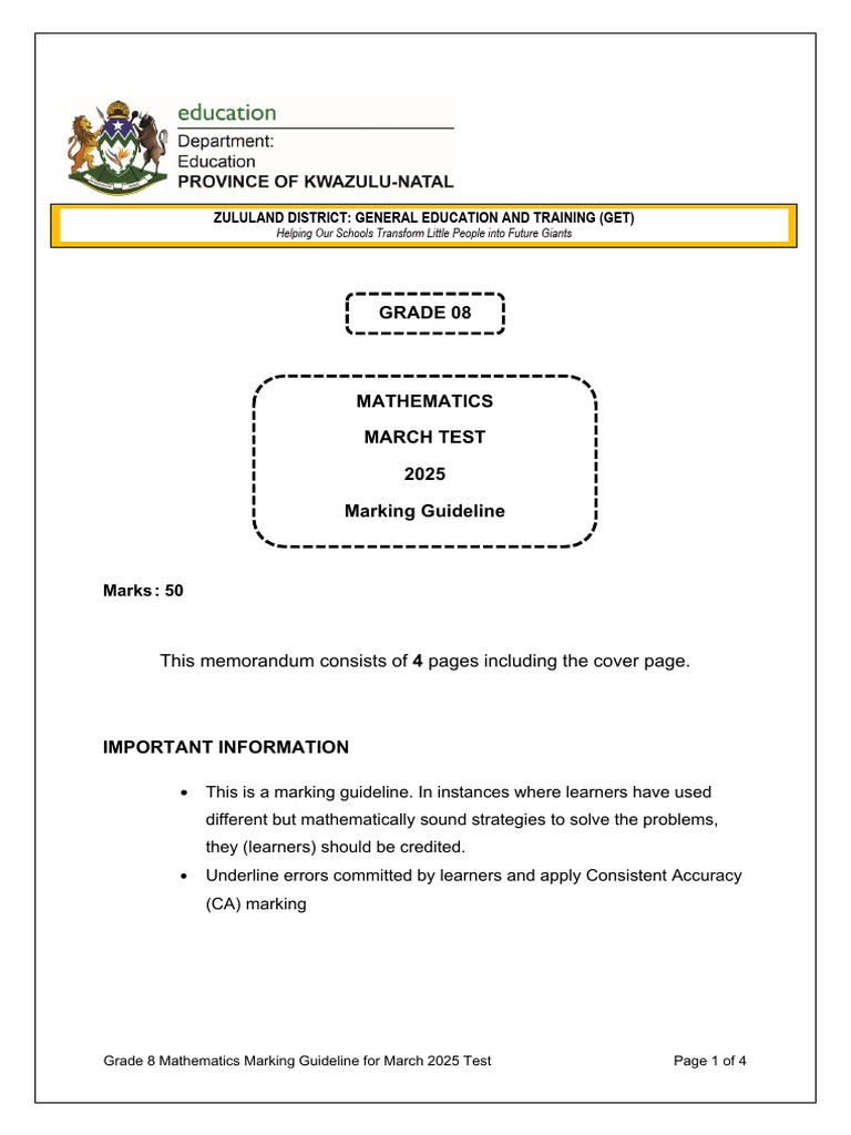 Grade 8 Maths March Test Guidelines 2025 | PDF | Subtraction | Mathematics