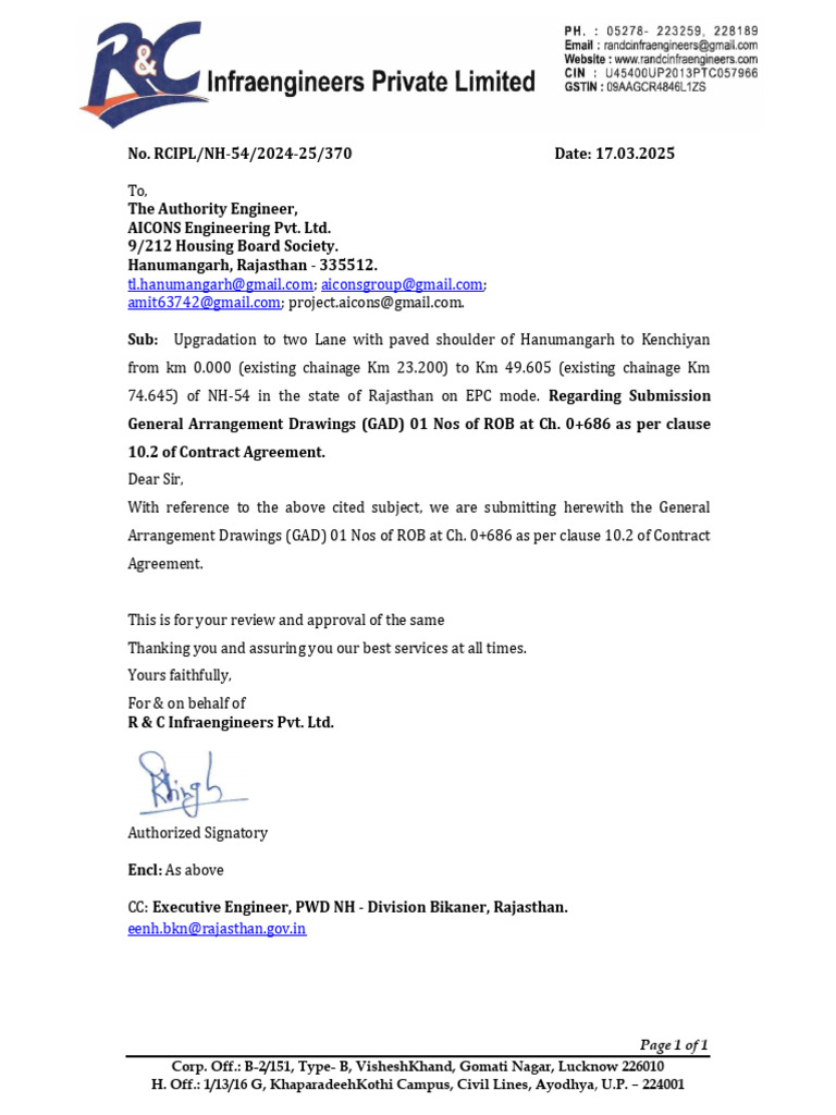 370 - Regarding Submission General Arrangemnt Drawings (GAD) 01 Nos of ROB at Ch.0+686 As Per ...