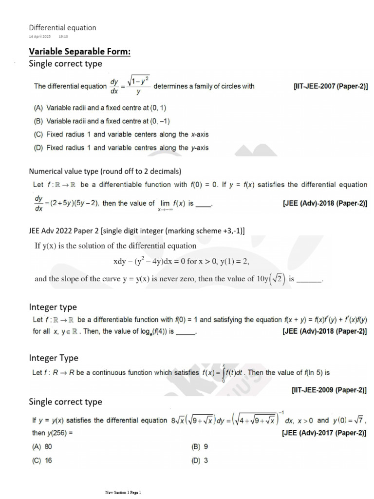 Differential Equations Adv PYQs Practice Sheet 1 | PDF