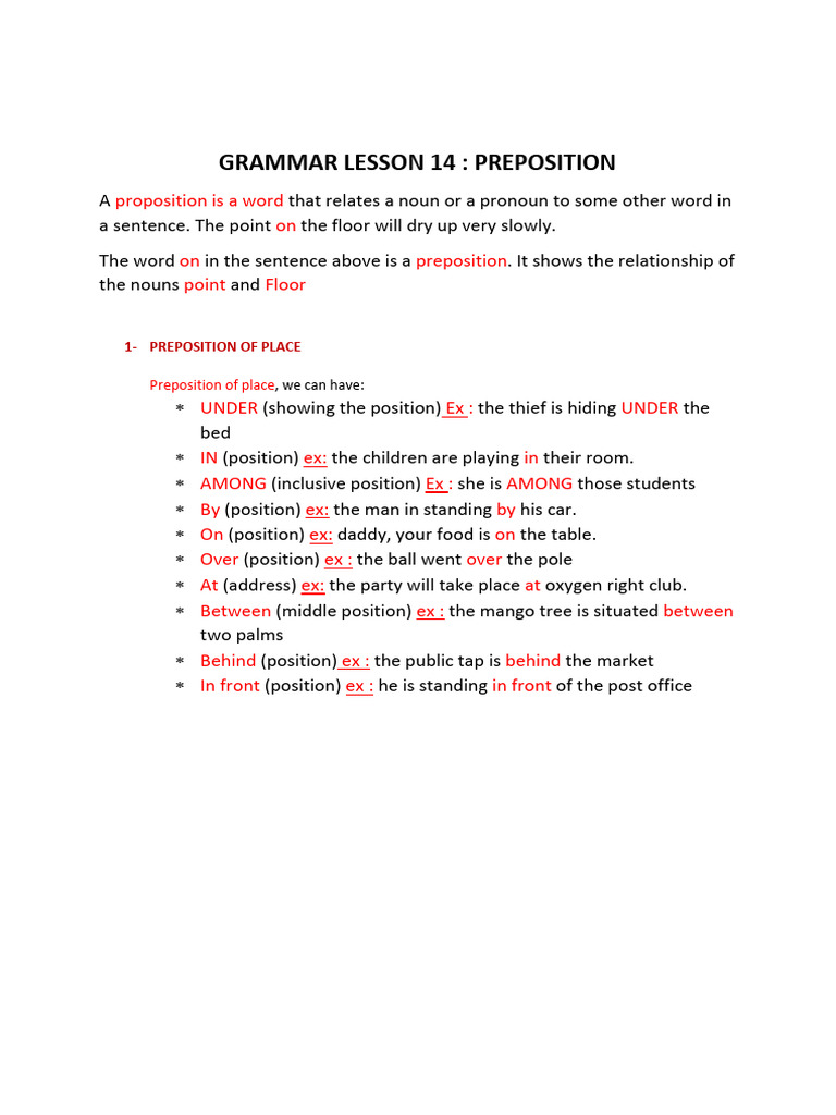Grammar Lesson 14(Preposition) | PDF | Grammar | Syntax