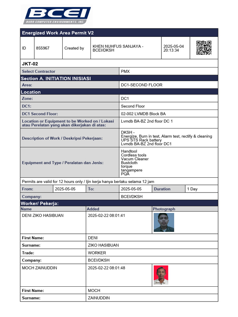 Energized Work Area Permit V2: First Name: Surname: Trade: Company ...