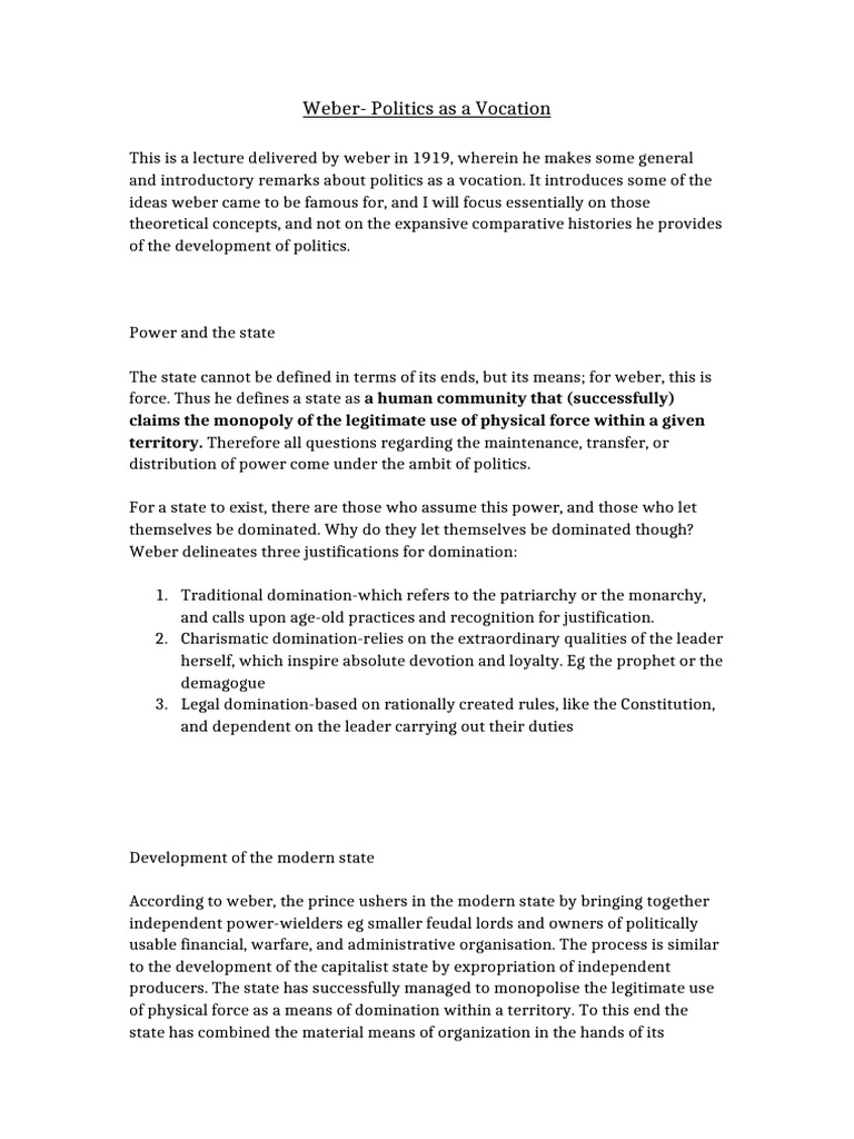 Weber-Politics As A Vocation | PDF | State (Polity) | Max Weber