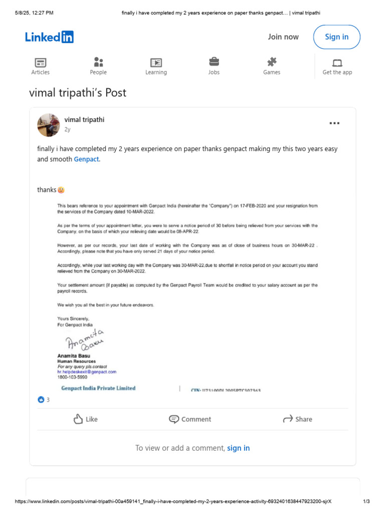finally i have completed my 2 years experience on paper thanks genpact… _ vimal tripathi | PDF