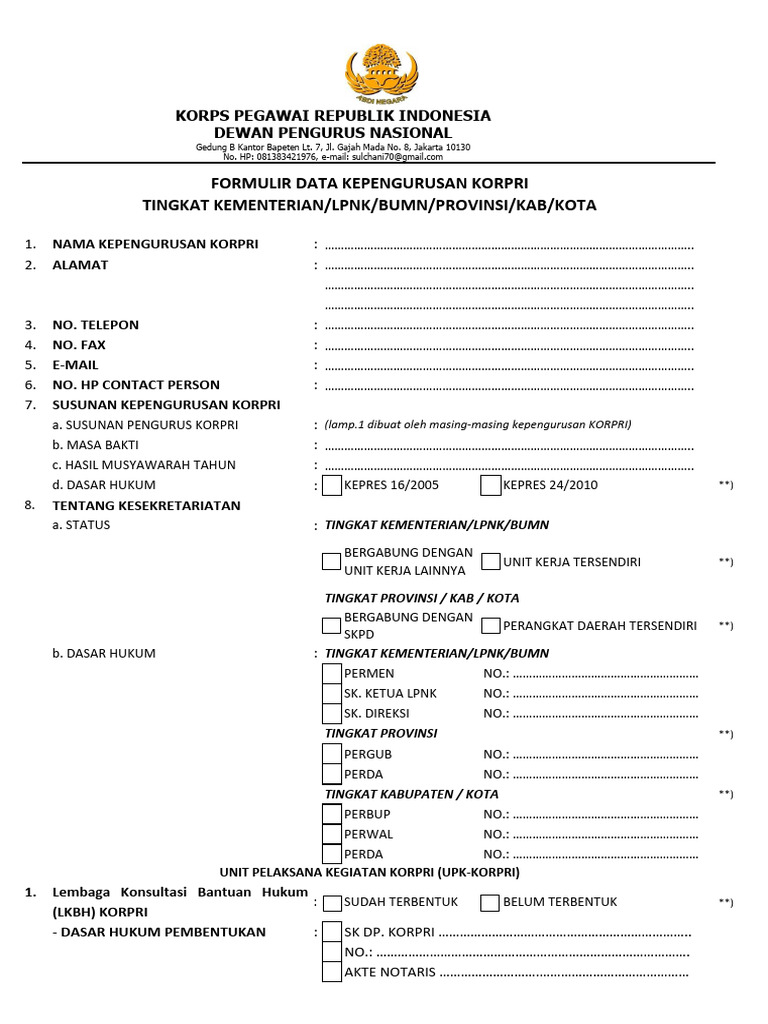 Form Pengisian Data Kepengurusan Korpri | PDF
