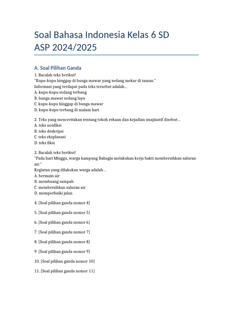 Soal Bahasa Indonesia Kelas 6 ASP | PDF