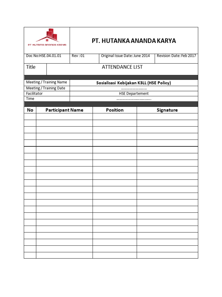 04 01 01 Formulir Daftar Hadir Sosialisasi HSE Policy | PDF