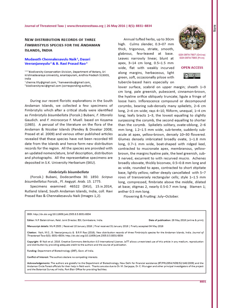(2016) New Distribution Records of Three Fimbristylis Species For The ...