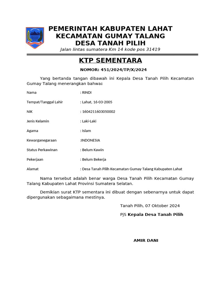 Contoh KTP Sementara 2024 | PDF