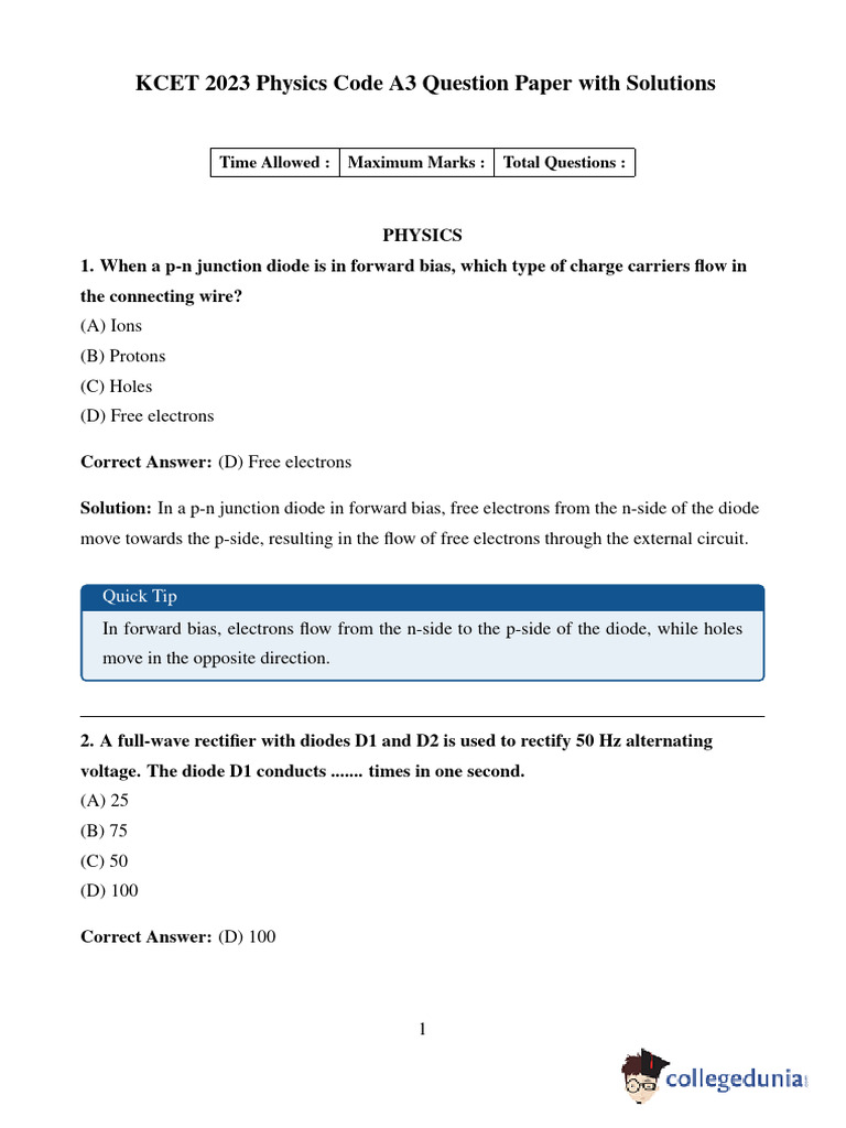KCET Physics 2023 Question Paper With Solutions | PDF | P–N Junction | Diode