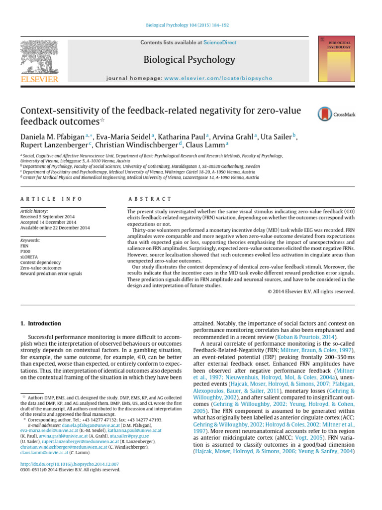 Context-Sensitivity of The Feedback-Related Negativity For Zero-Value Feedback Outcomes | PDF ...