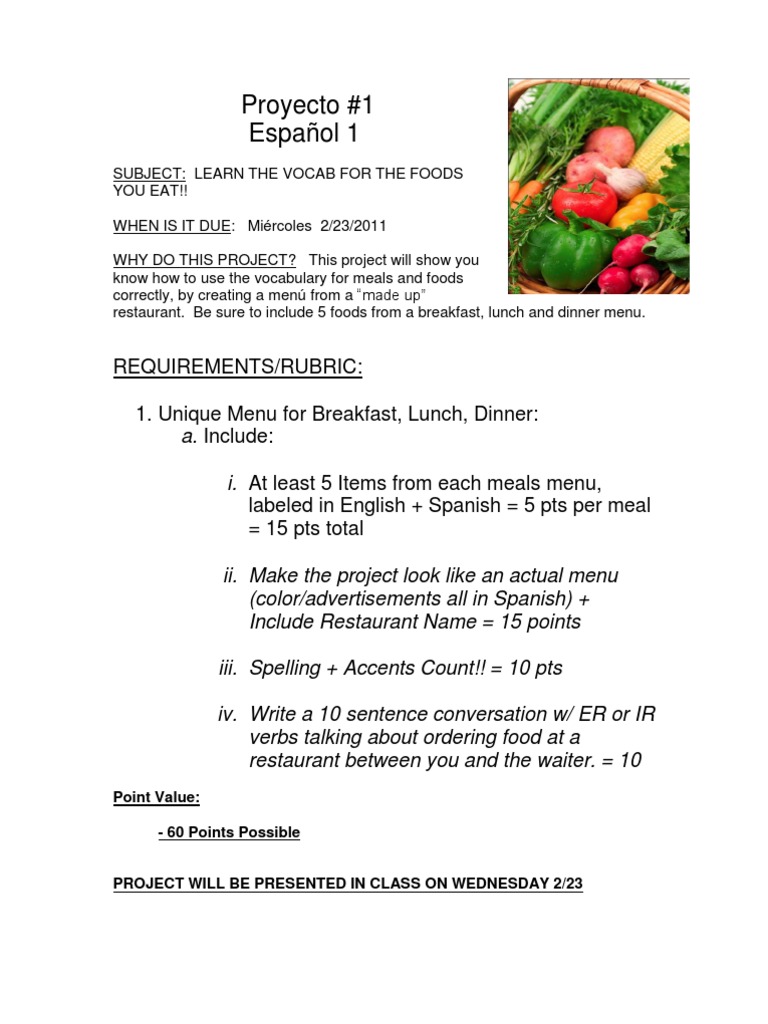 Spanish Menu Project Guidelines | PDF
