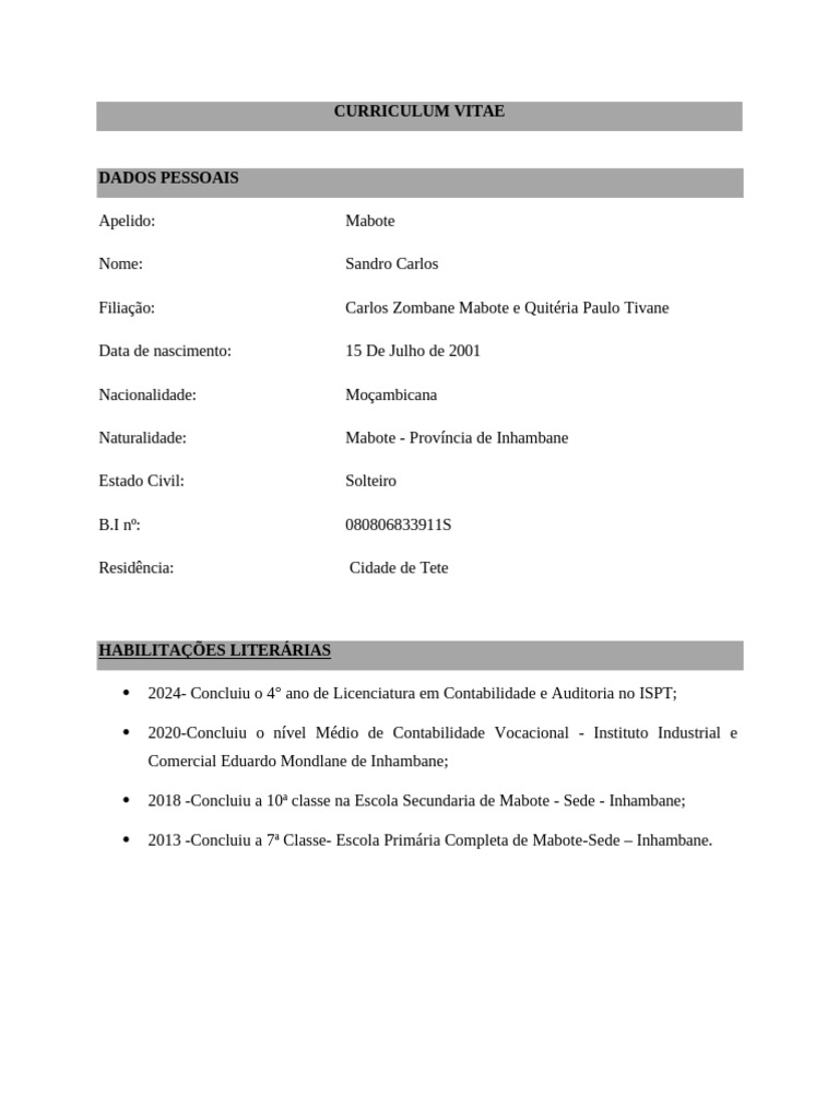 Curriculum Vitae - Sandro Mabote 2025 | PDF | Contabilidade | Business