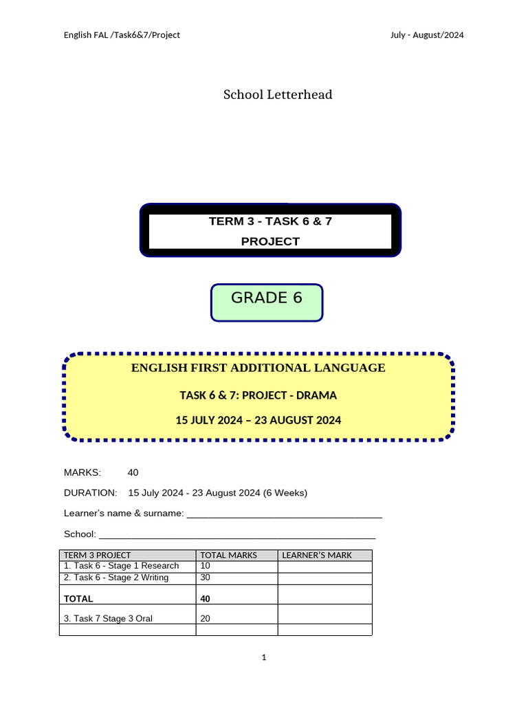 Grade 6 English FAL Term 3 Project | PDF | Cognitive Science ...