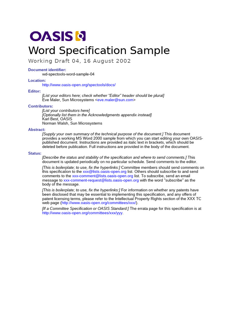 OASIS Word Sample Specification Draft | PDF