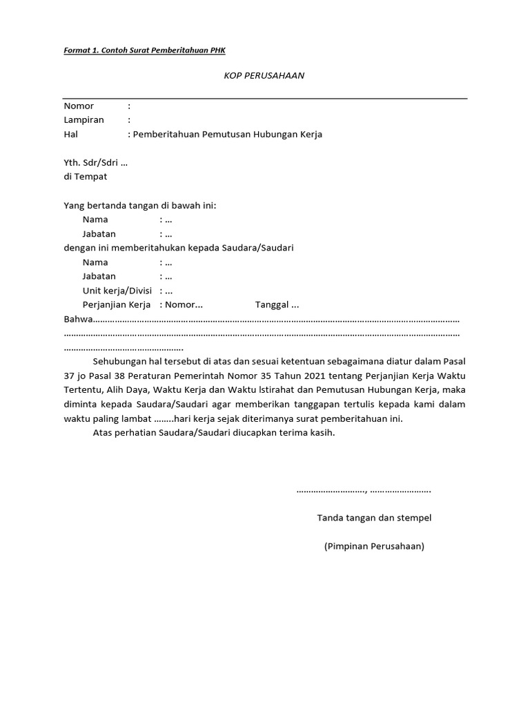 Format Pemberitahuan Dan Laporan PHK | PDF