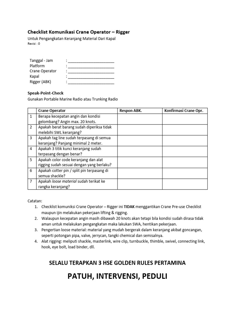 Checklist Komunikasi Crane Operator - Rigger | PDF