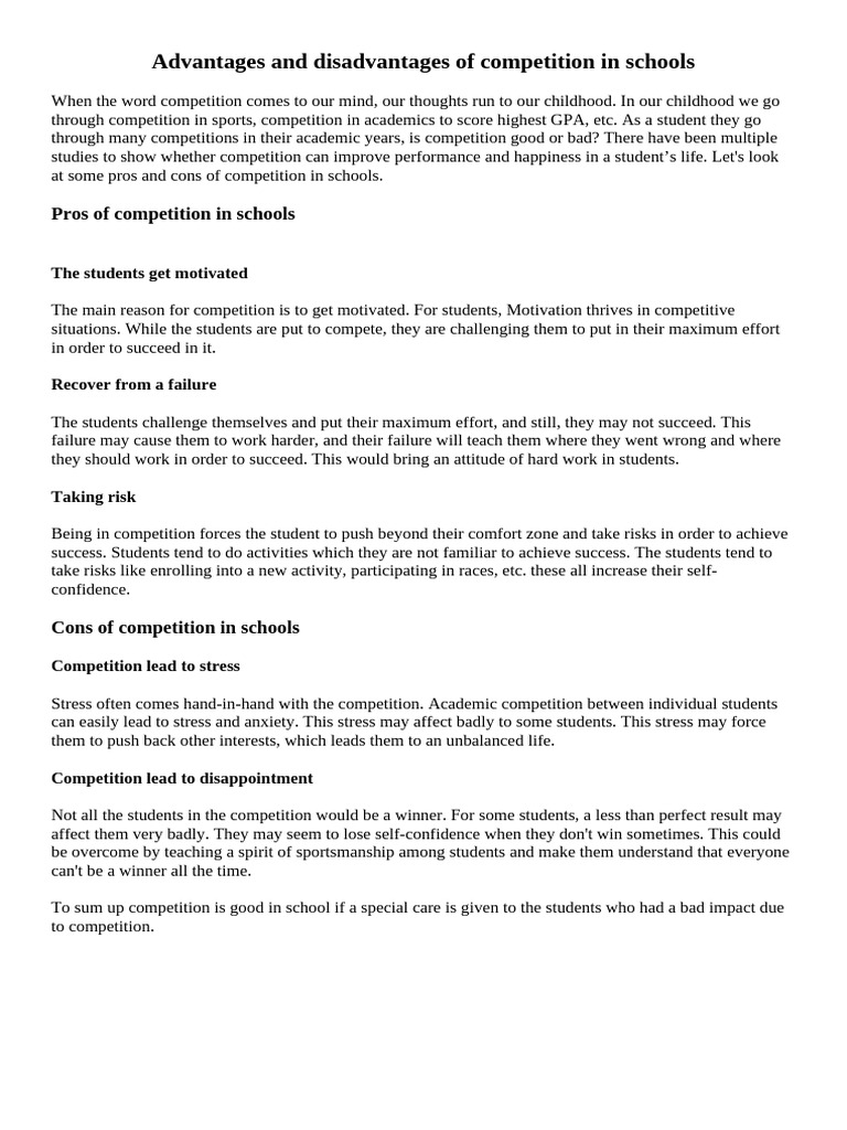 Advantages and Disadvantages of Competition in Schools | PDF