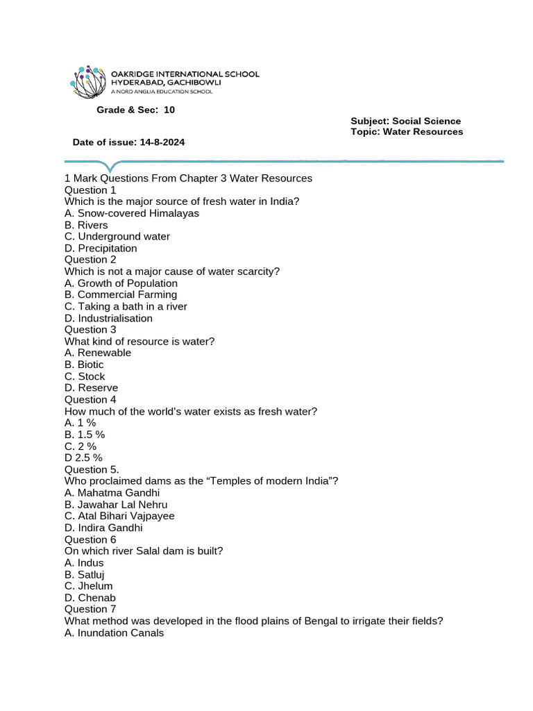 Ois G Grade 10 Water Resources Worksheet | PDF | Water | Water Pollution
