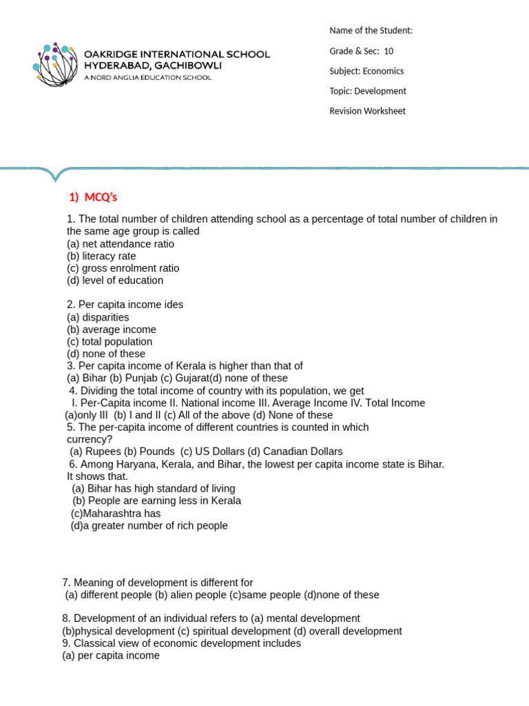 Ois G 10 Cbse Development Objective Questions | PDF | Income | Economies