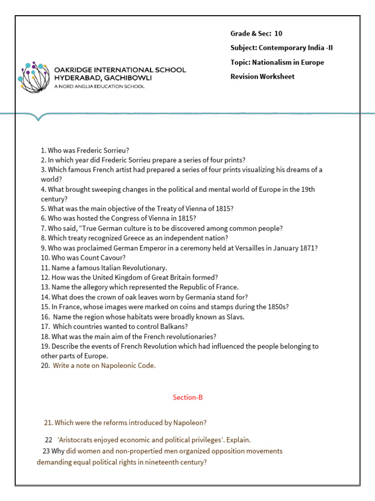 Ois G GR 10 Nationalism in Europe Subjective Worksheet | PDF ...
