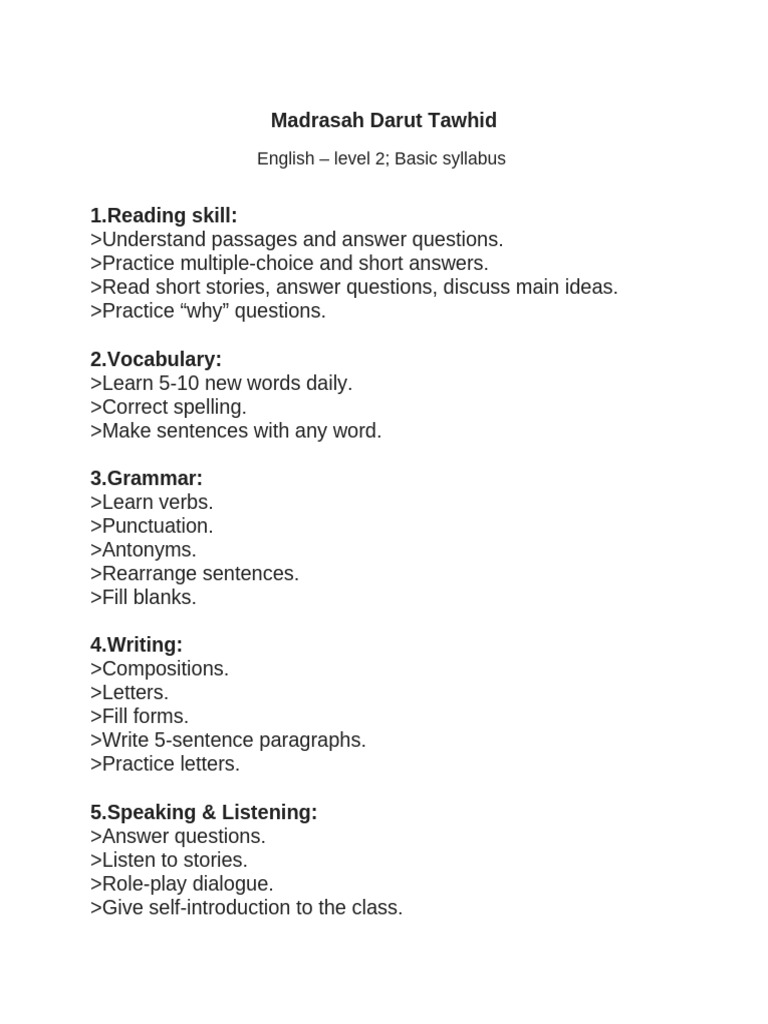 English - Level 2 Basic Syllabus | PDF