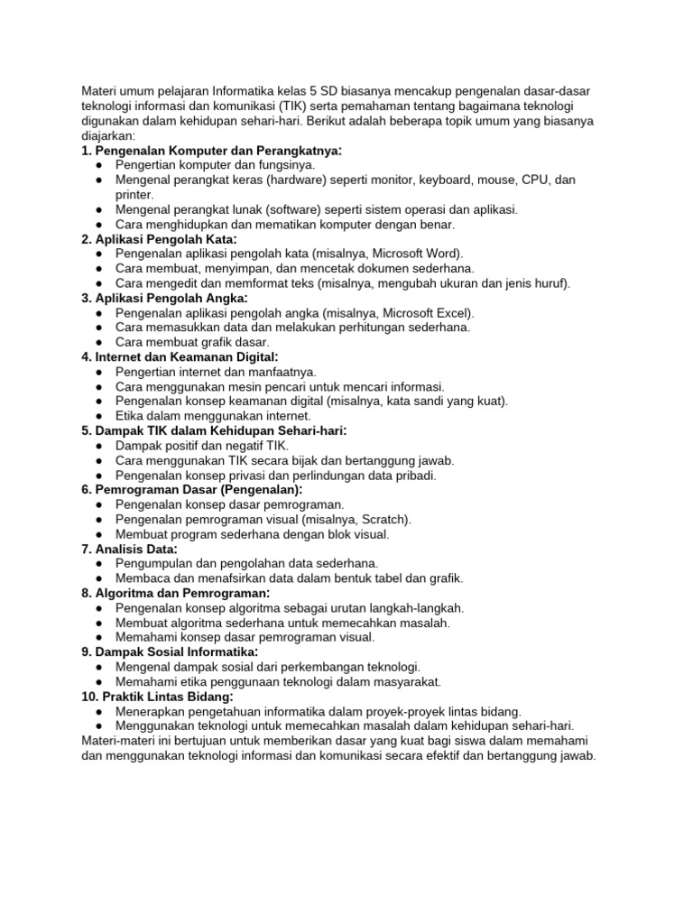 Materi Informatika Kelas 5 SD Kurikulum Merdeka | PDF