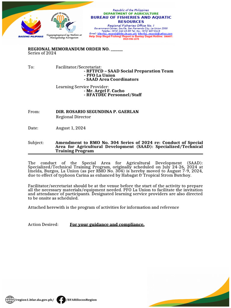 Amendment Memo - SAAD Specialized Training - Imelda, Burgos LaUnion | PDF