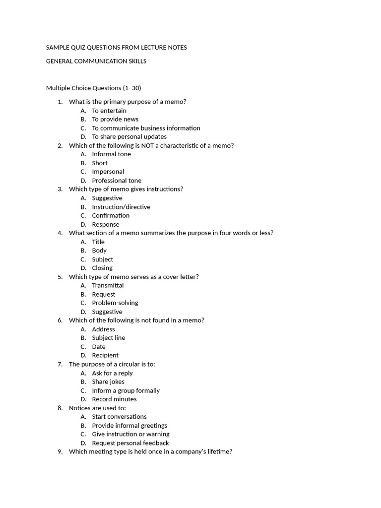 Quiz on General Communication Skills | PDF | Memorandum | Brainstorming