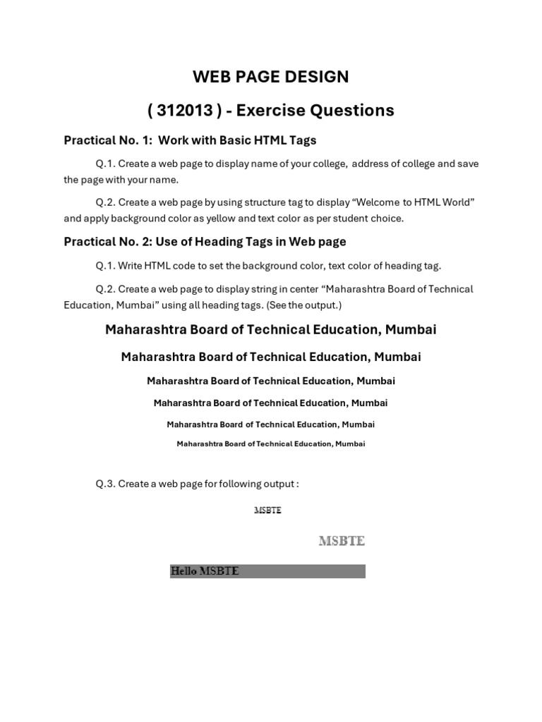 Web Page Design Manual - Exercise Questions | PDF | Html Element | Hyperlink