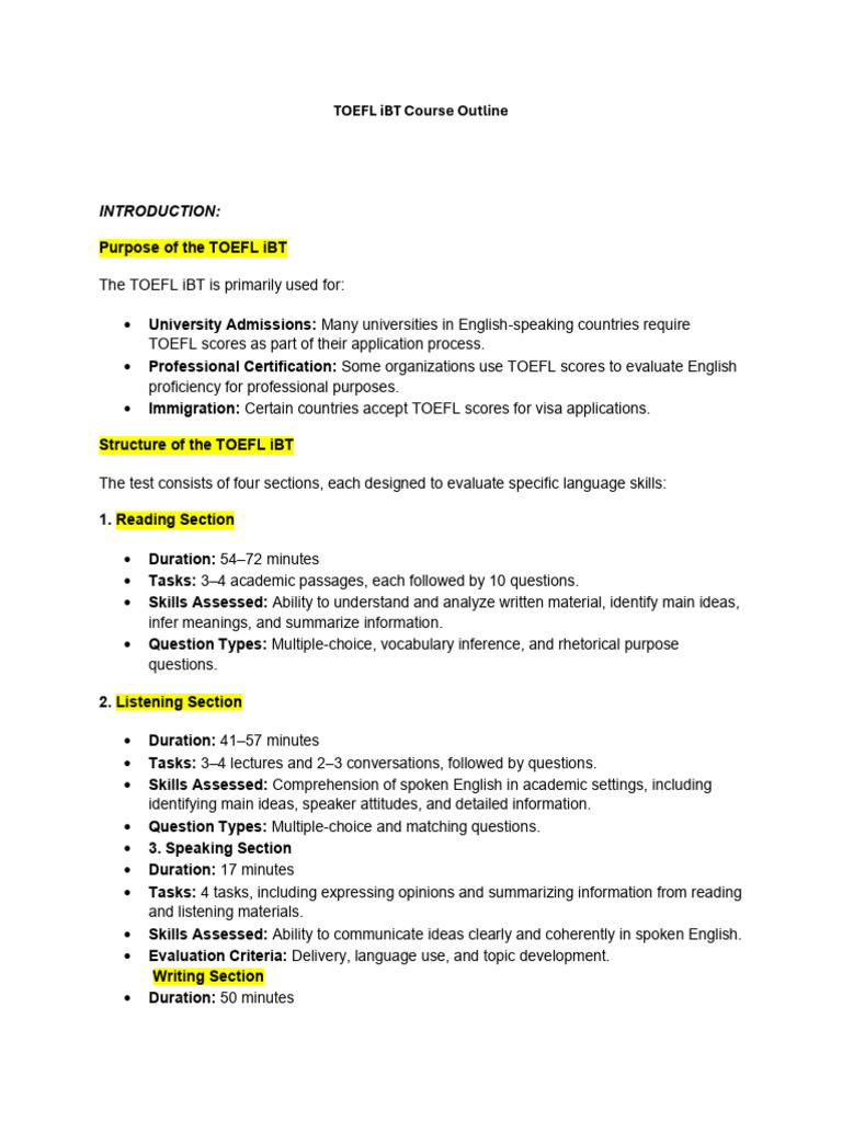 TOEFL iBT Chang Bin Course Outline Table | PDF | Test Of English As A ...