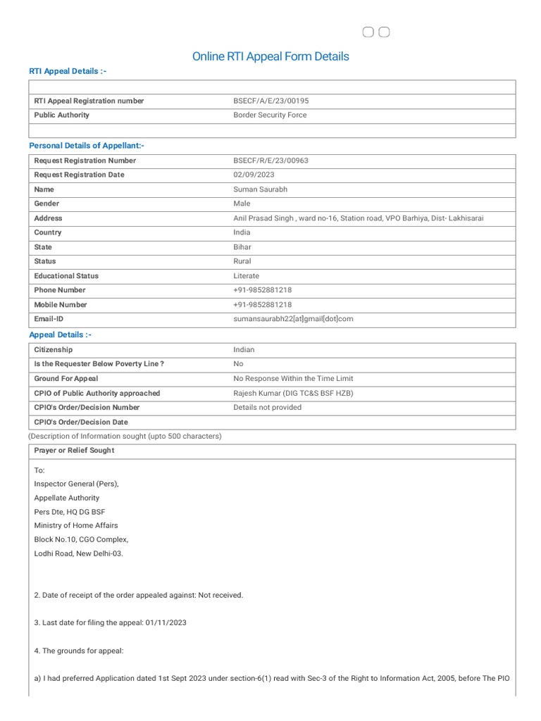 195RTI Online - Request - Appeal Form Details | PDF | Justice | Crime ...