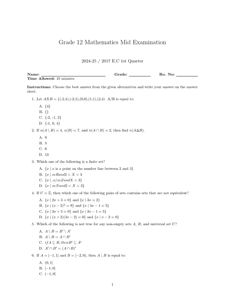 Maths 12 Test 2 | PDF