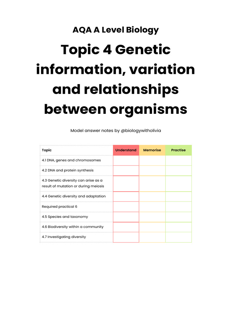 Topic 4 Genetic Information, Variation and Relationships Between ...