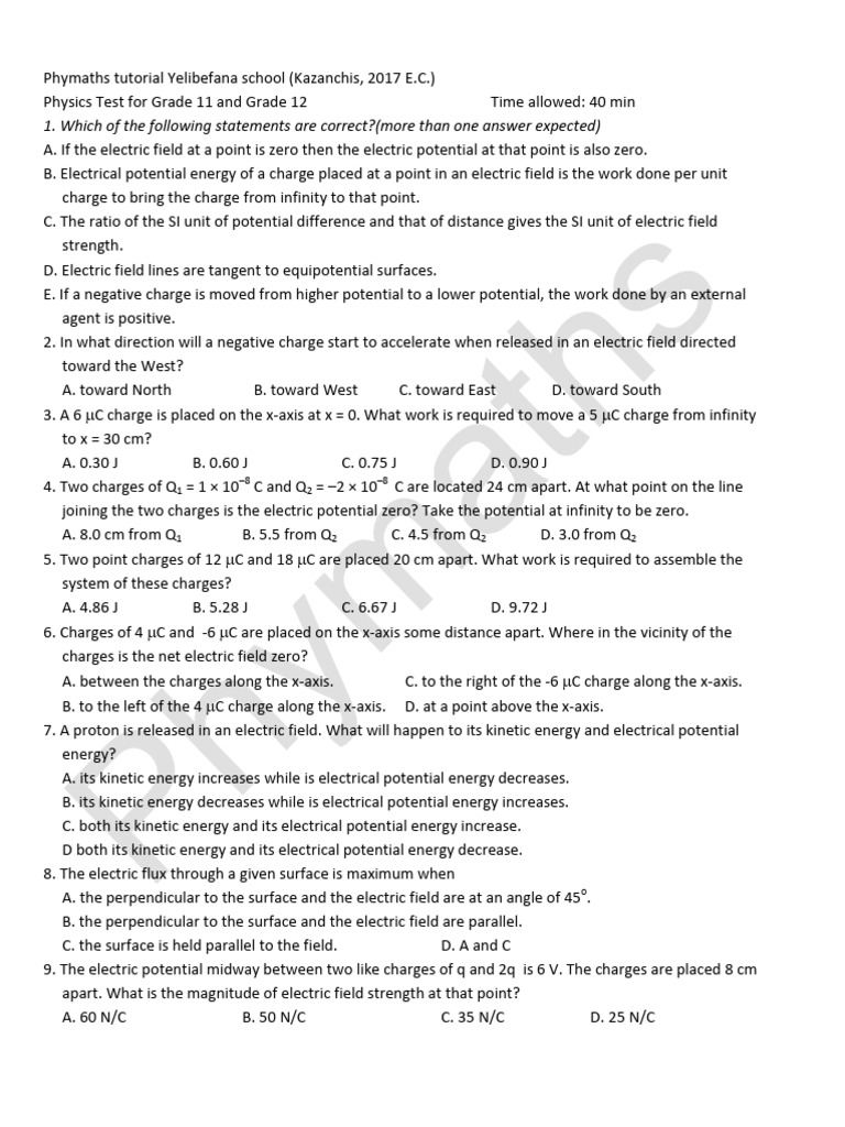 Physics Test for Grades 11-12 | PDF | Electric Field | Potential Energy
