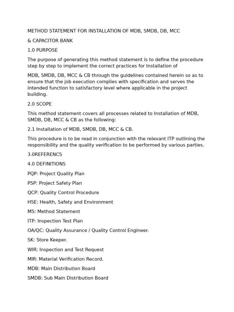 Method Statement for Installation of Mdb | PDF | Quality Assurance ...