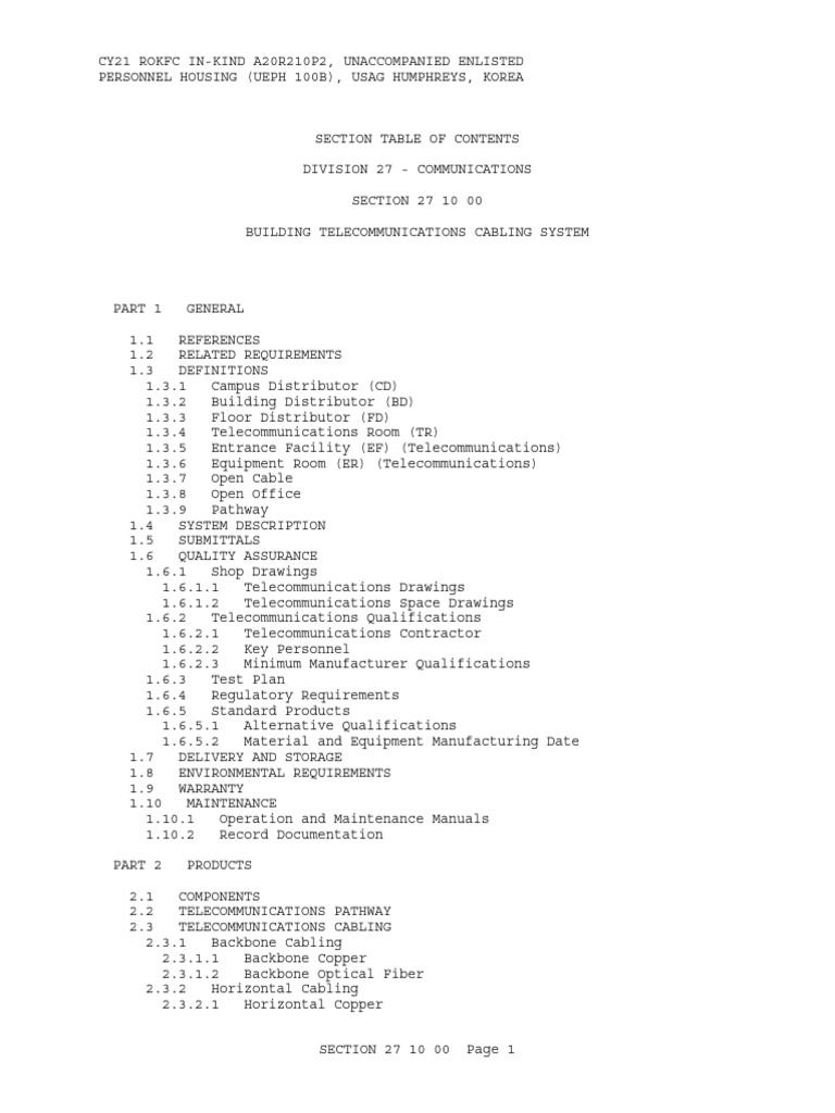 27 10 00 Building Telecommunication Cabling System | PDF | Optical ...