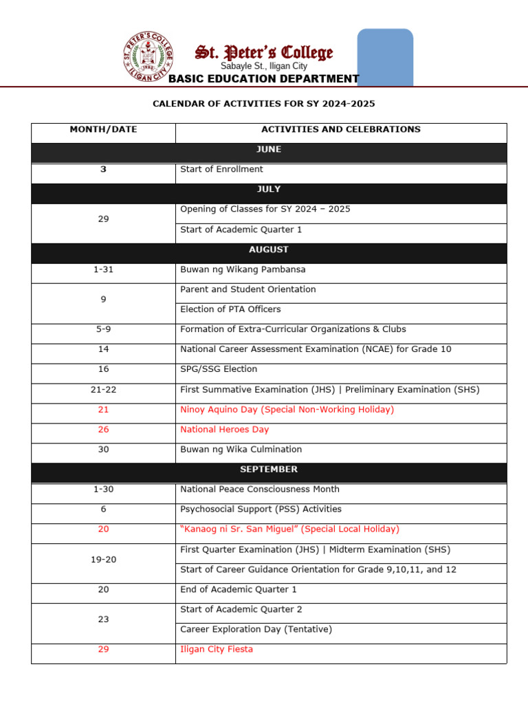 SY 2024-2025 School Calendar | PDF | Academic Term | Middle Schools