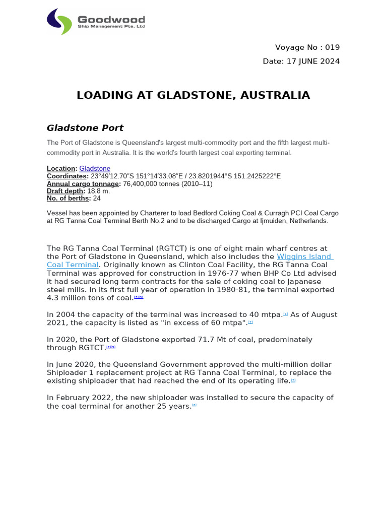 Gladstone Port Information | PDF | Ships | Watercraft
