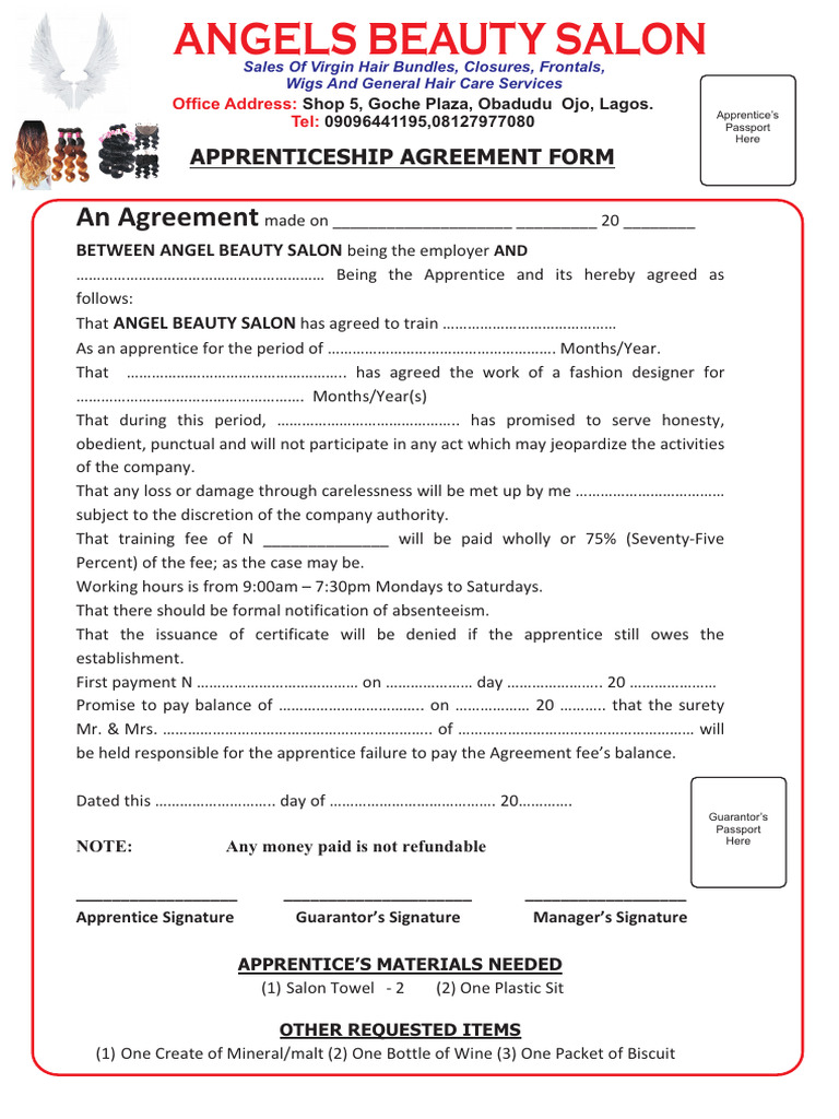Angels Beauty Salon Apprentice Form PDF | PDF | Surety | Apprenticeship