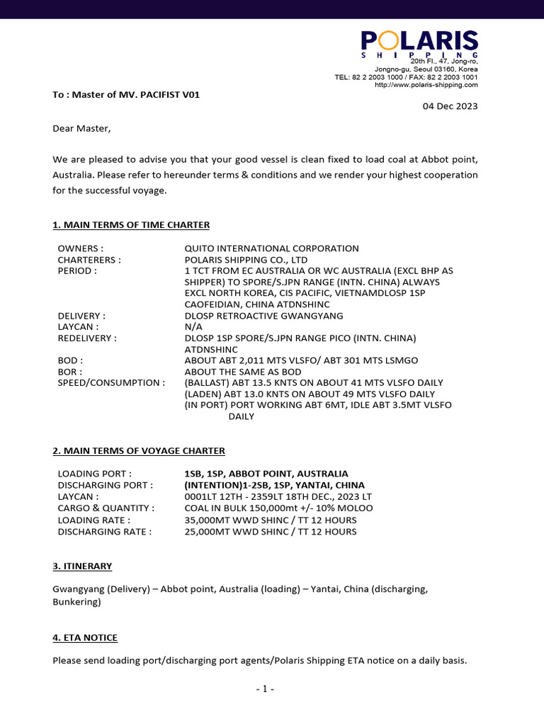 Voyage Instruction - Pacifist V01 | PDF | Cargo | Bill Of Lading
