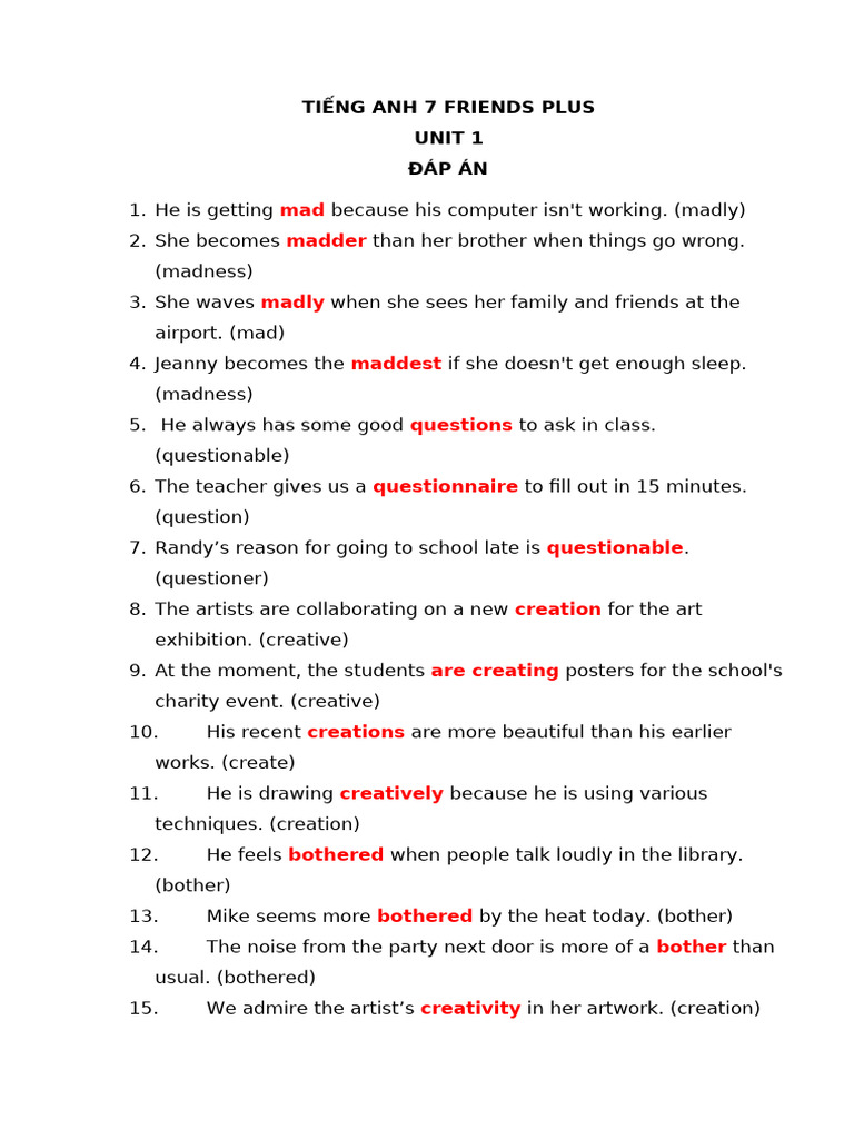 Đáp Án Friends Plus 7 (Unit 1-4) | PDF | Invention