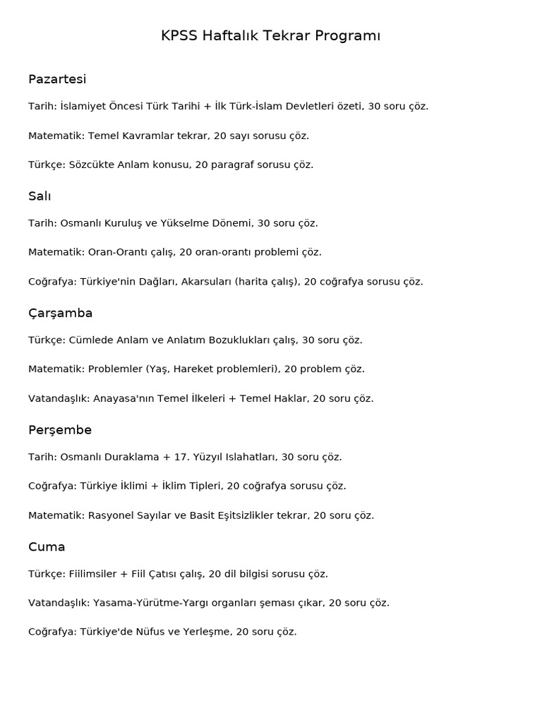 Kpss Haftalik Tekrar Programi | PDF